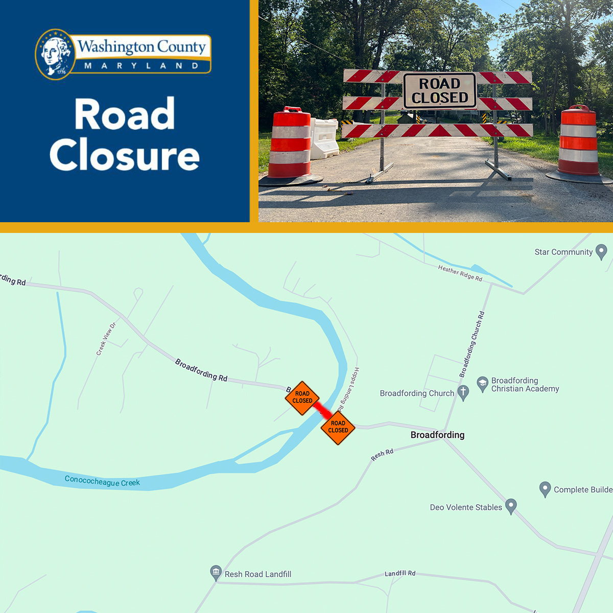 TRAFFIC ALERT: Road Closure on Broadfording Road - Washington County