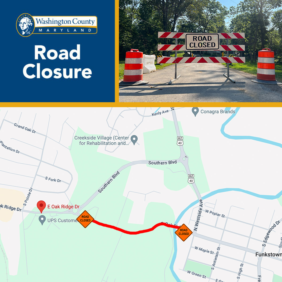 TRAFFIC ALERT: Road Closure on East Oak Ridge Drive - Washington County
