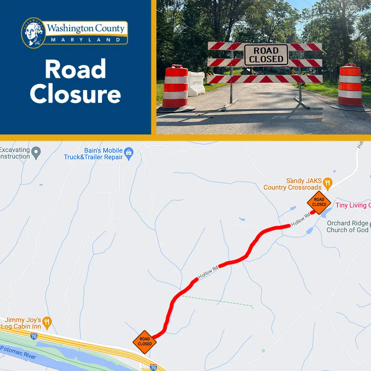 TRAFFIC ALERT: Road Closure on Hollow Road - Washington County