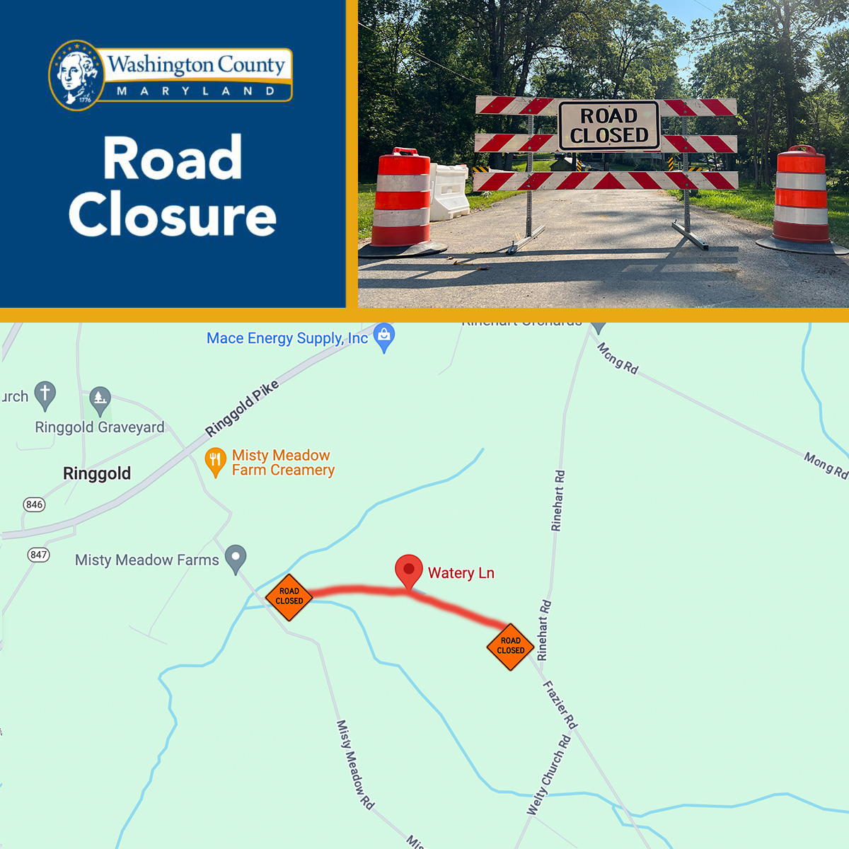 TRAFFIC ALERT: Road Closure on Watery Lane - Washington County